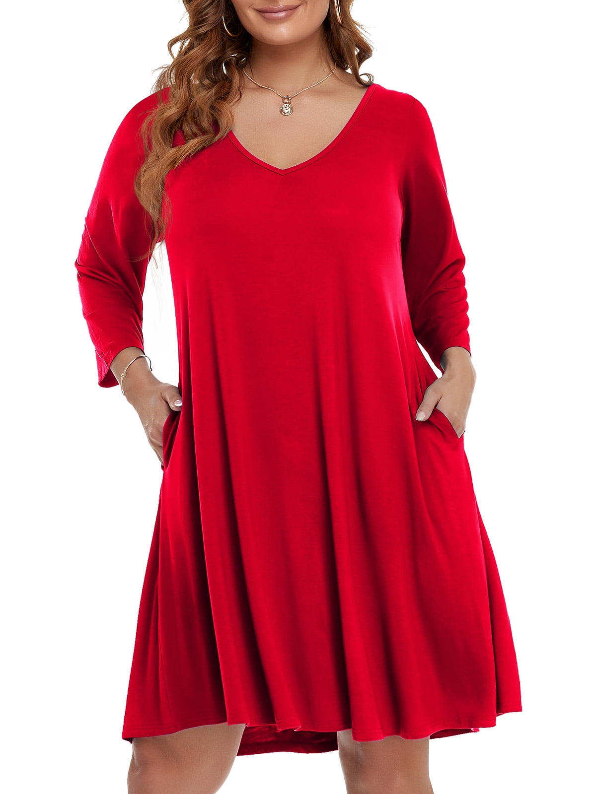Plus Size Dresses 4X for Women, VEPKUL V Neck T Shirt Dress 3/4 Sleeve ...