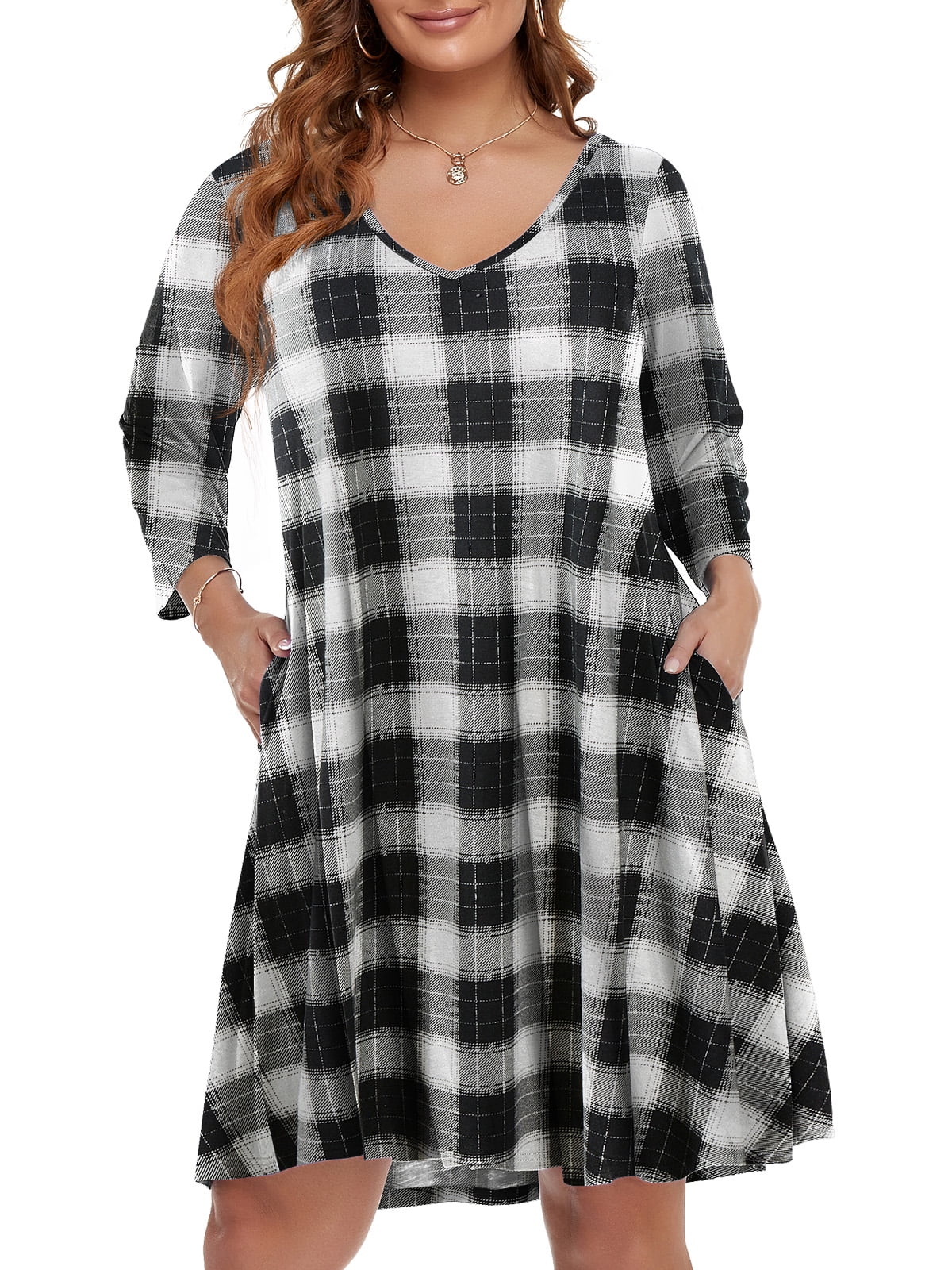 Plus Size Dresses 4X for Women, VEPKUL V Neck T Shirt Dress 3/4 Sleeve ...