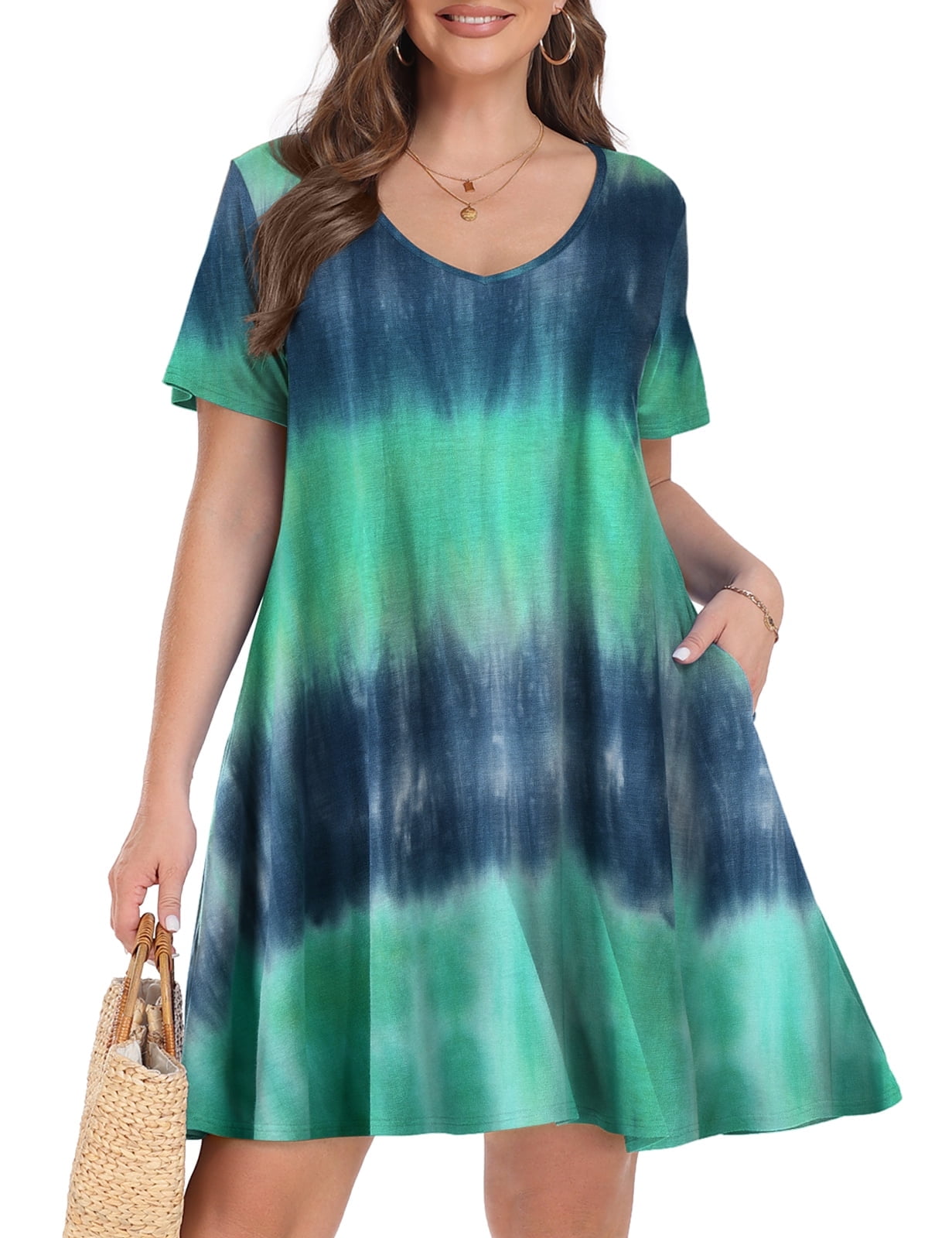 VEPKUL V Neck Short Sleeve Casual Swing T Shirt Dress with Pockets Plus ...