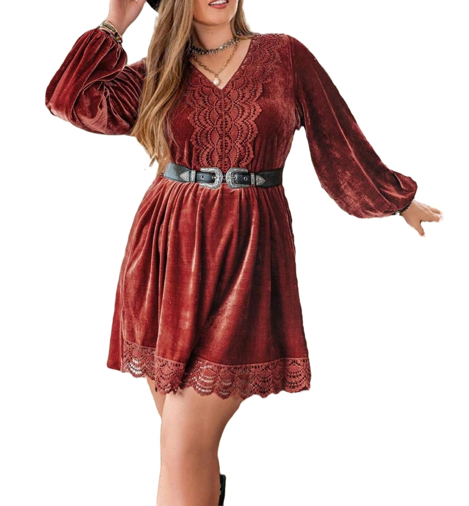 Plus Size Dresses Red Color Solid V neck Long Sleeve Boho - Walmart.com