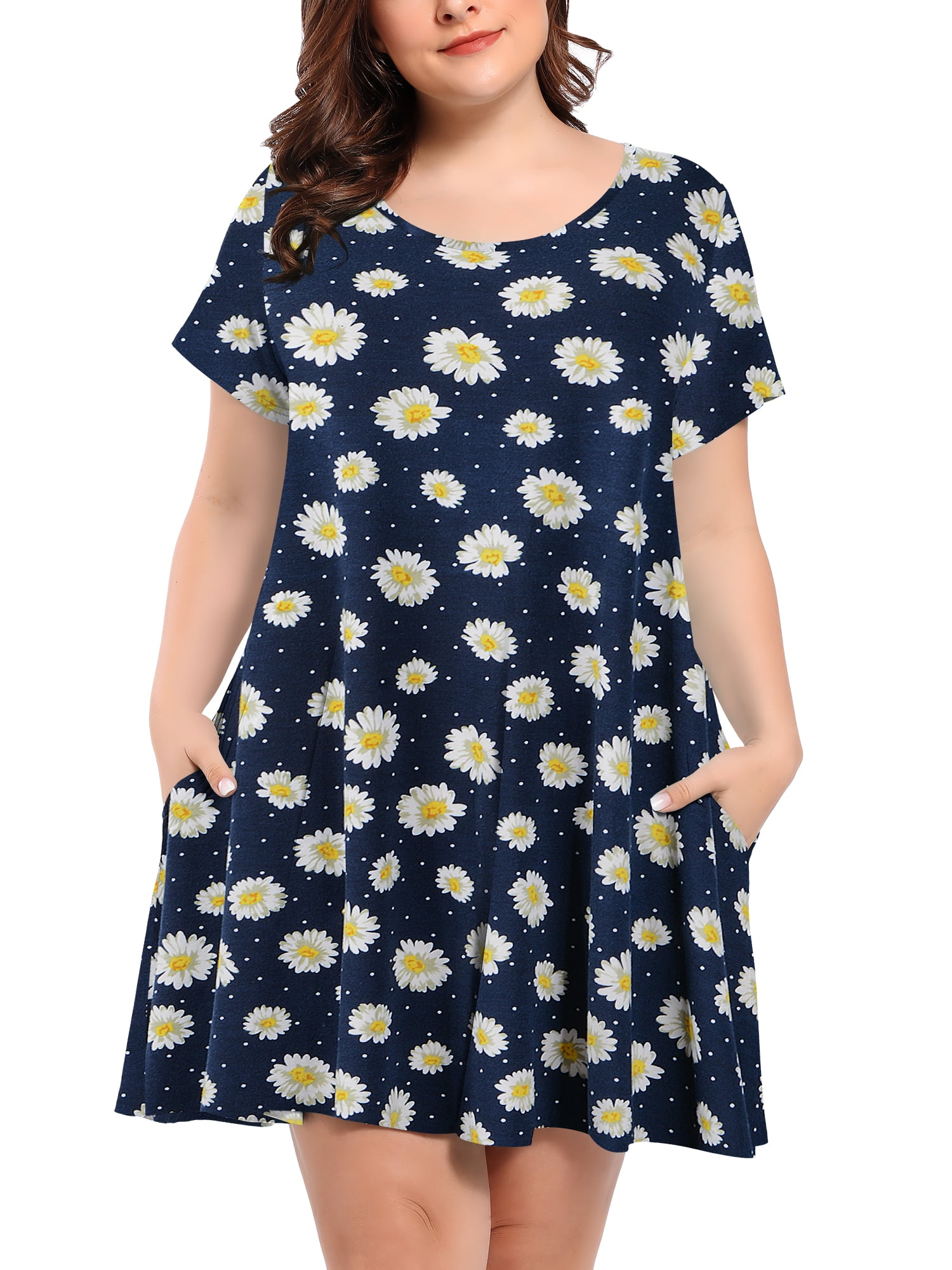 Vepkul Plus Size Swing Dress Short Sleeve T Shirt Dress With Pockets