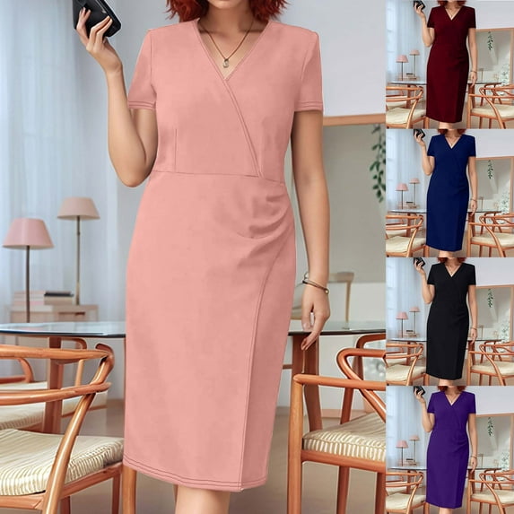 Plus Size Dresses for Women Fashionable Solid Color Short Sleeved V ...