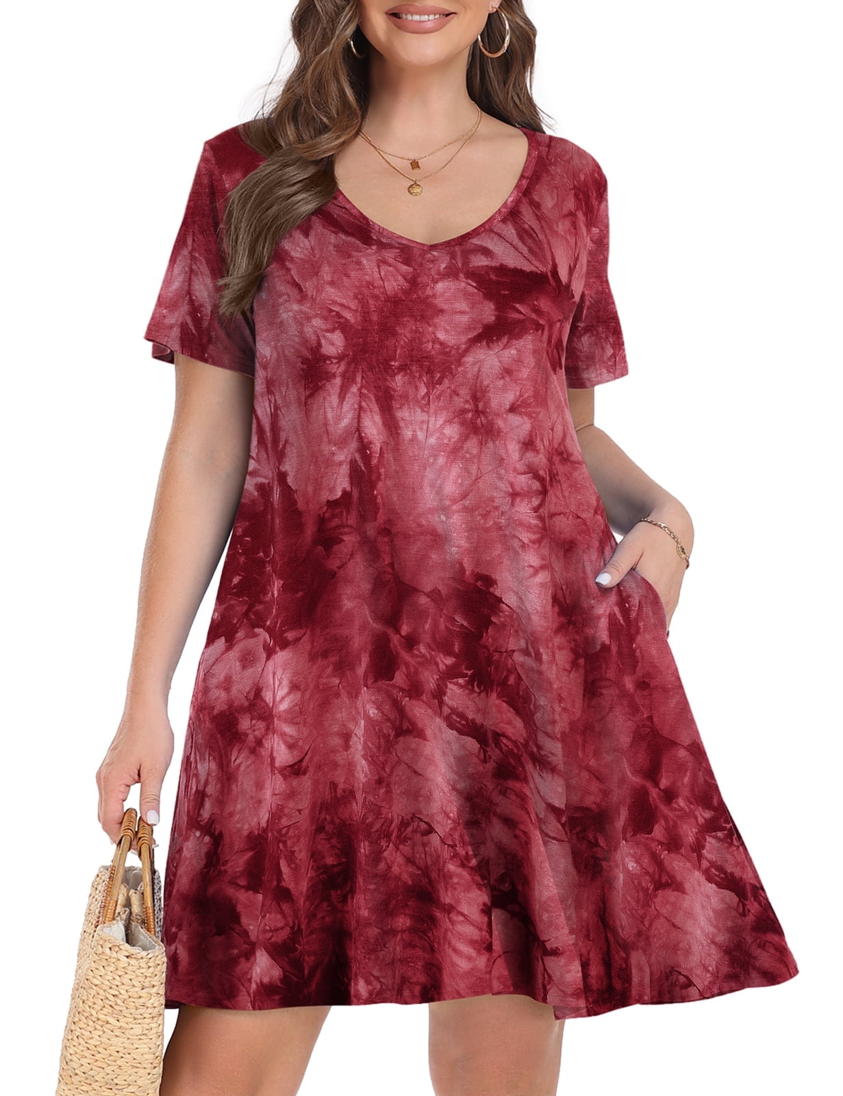 VEPKUL V Neck Short Sleeve Casual Swing T Shirt Dress with Pockets Plus ...