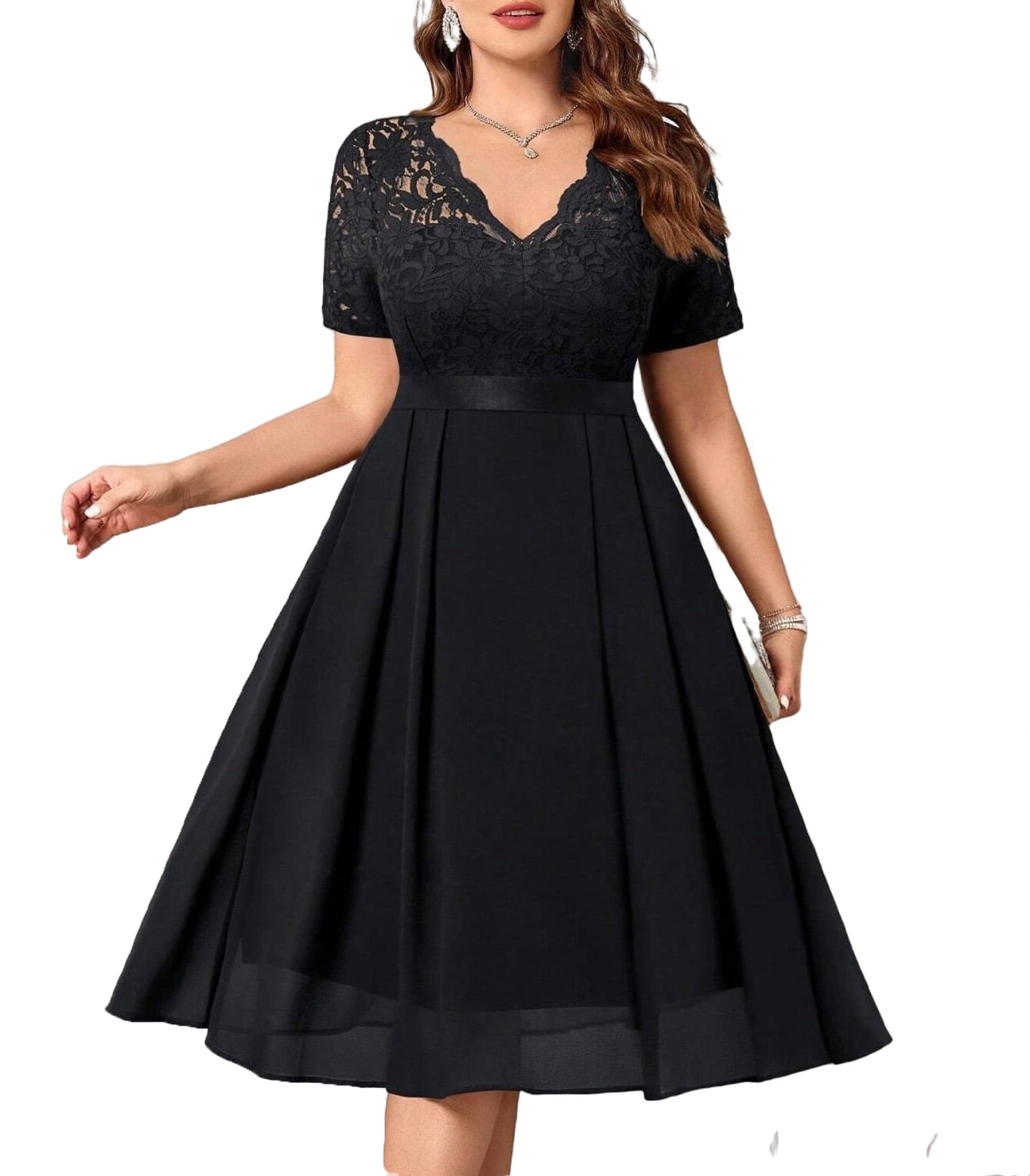 Plus Size Floral Lace V Neck Ruffle Trim Chiffon A Line Elegant Dress ...