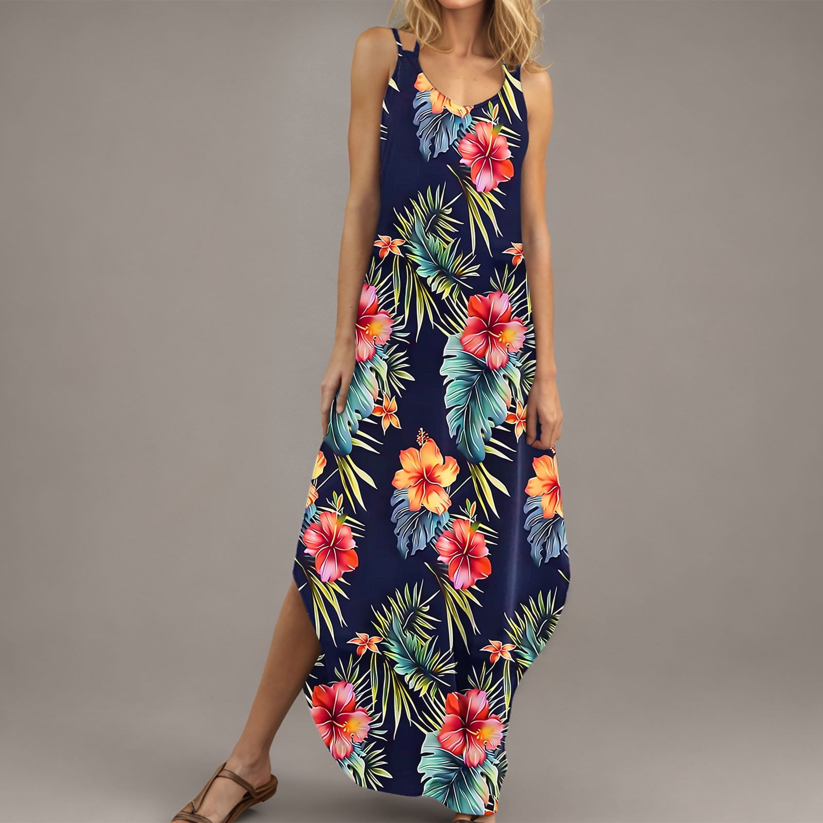 Plus Size Floral Long Dresses for Womens Casual Beach Dress Spaghetti ...