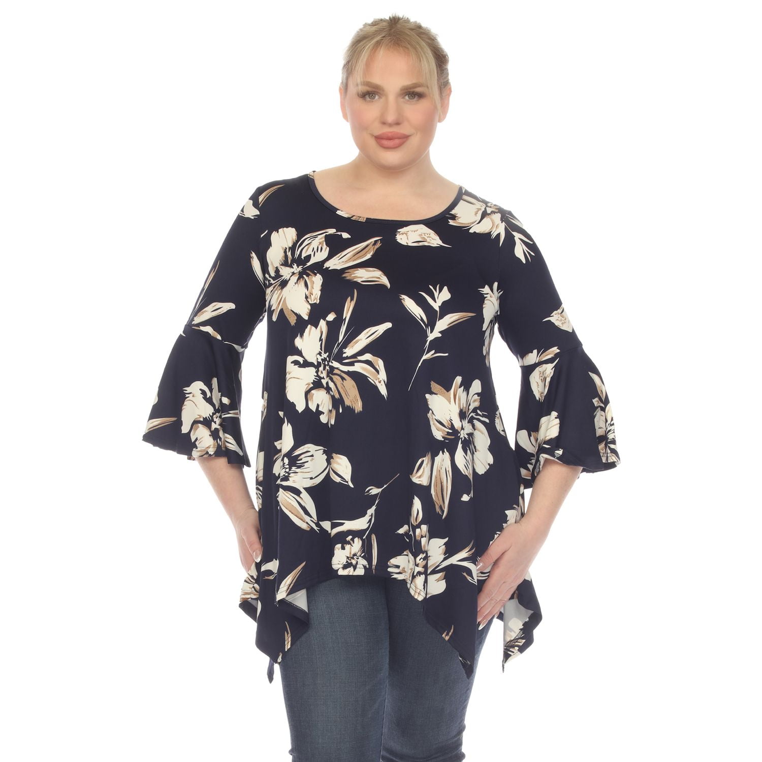 Plus Size Floral Print Bell Sleeve Tunic Top Color: Navy Size: 4X ...