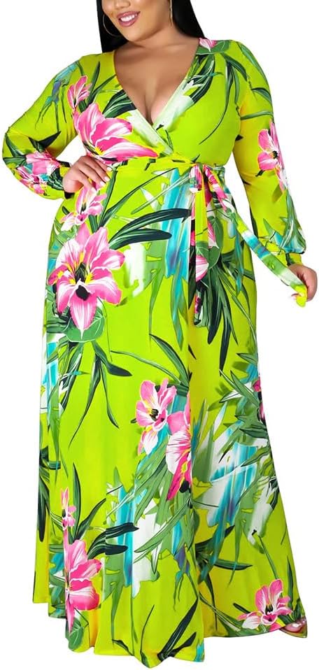 Plus Size Flower Dresses for Curvy Women Sexy Deep V Neck Floral Maxi ...