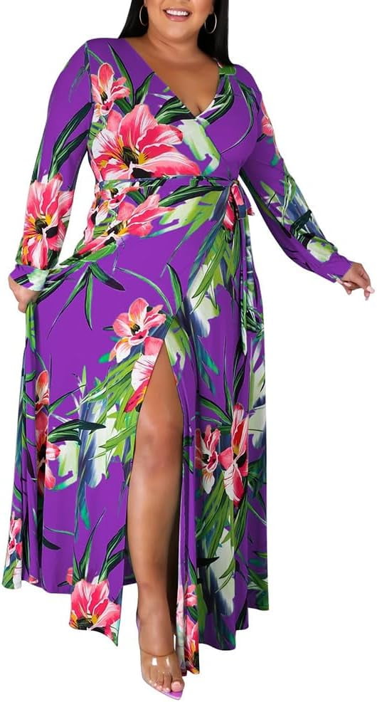 Plus Size Flower Dresses for Curvy Women Sexy Deep V Neck Floral Maxi ...