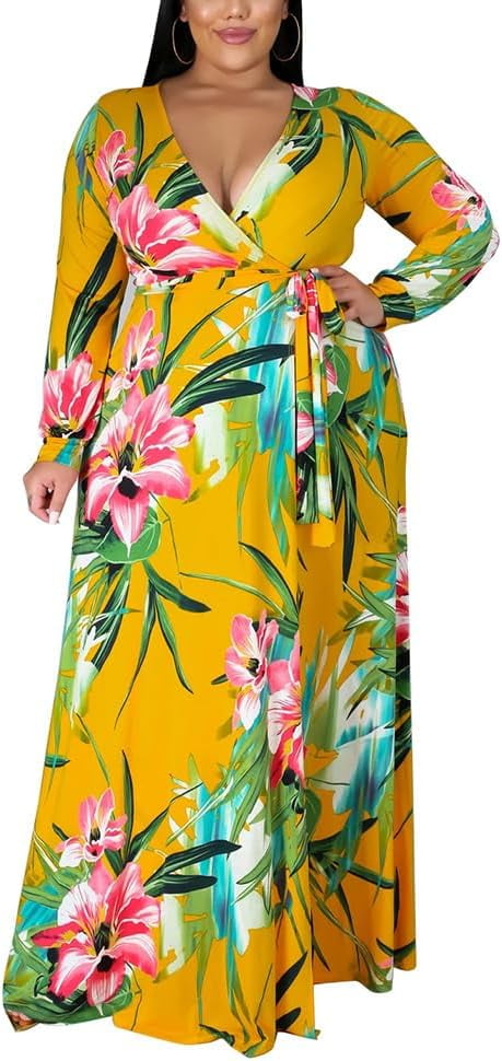 Plus Size Flower Dresses for Curvy Women Sexy Deep V Neck Floral Maxi ...