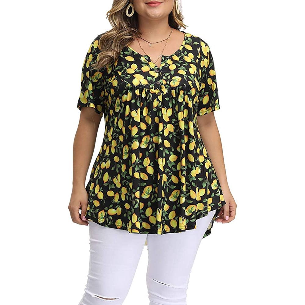 Plus Size Flowy Tunic Tops for Women Short Sleeve Floral Blouses Button ...