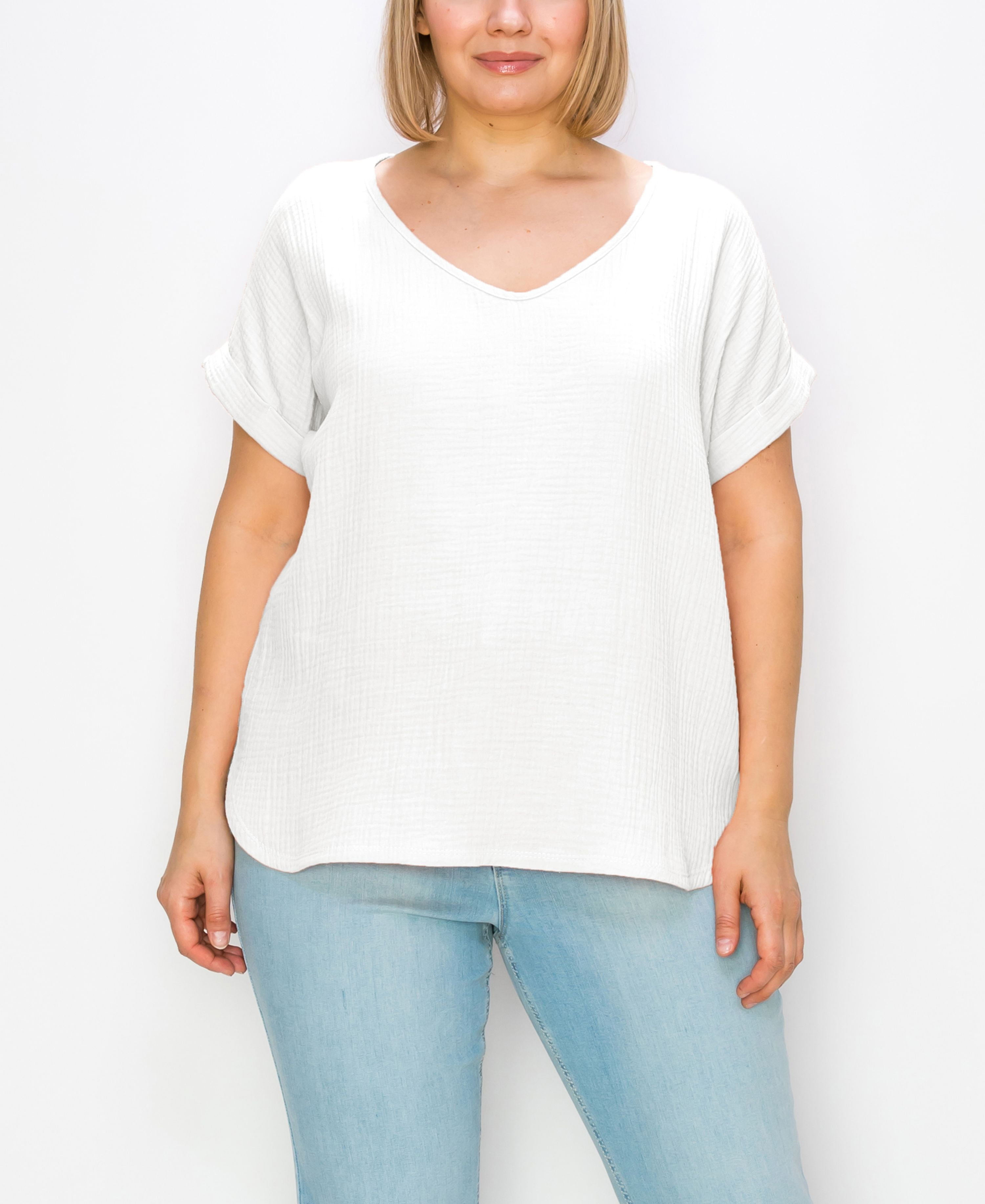 Plus Size Gauze V-neck Rolled Sleeve Top Ivory 3X - Walmart.com