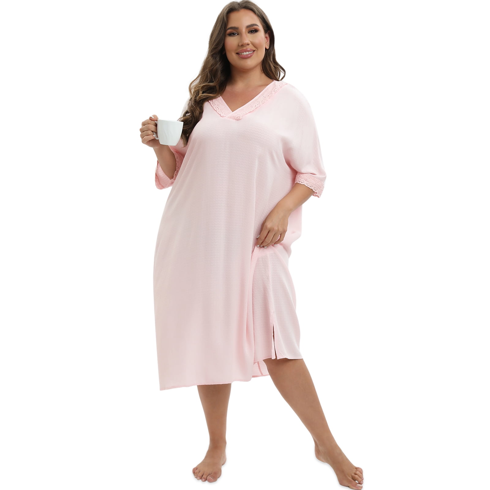 Plus Size House Dress Womens Lace Trim 3/4 Sleeve V Neck Nightgown Sleepwear Oversized Loose ...