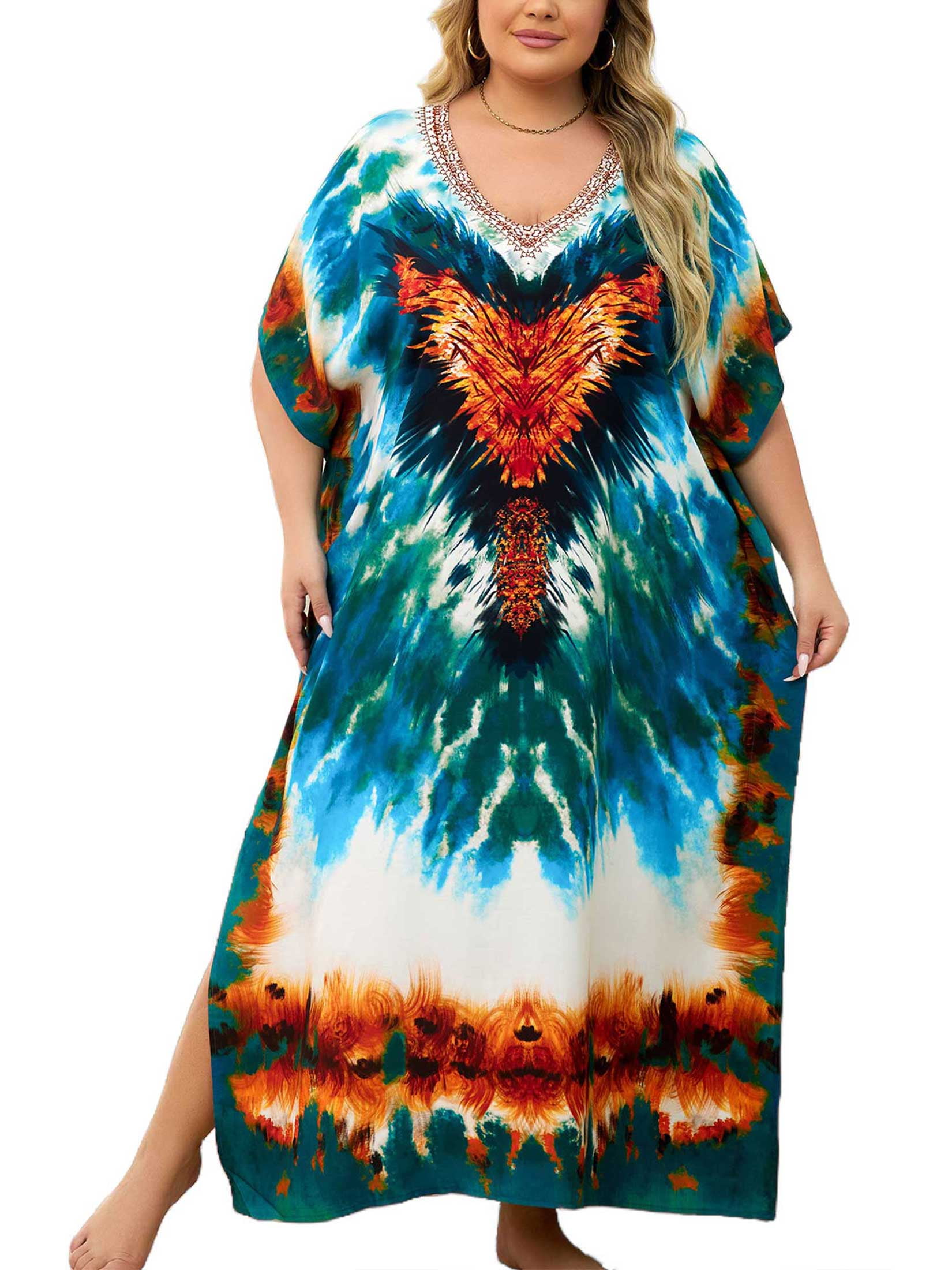 Plus Size Kaftan Dresses for Women Maxi Beach Dress Loungewear Batwing Sleeve Caftans Long ...