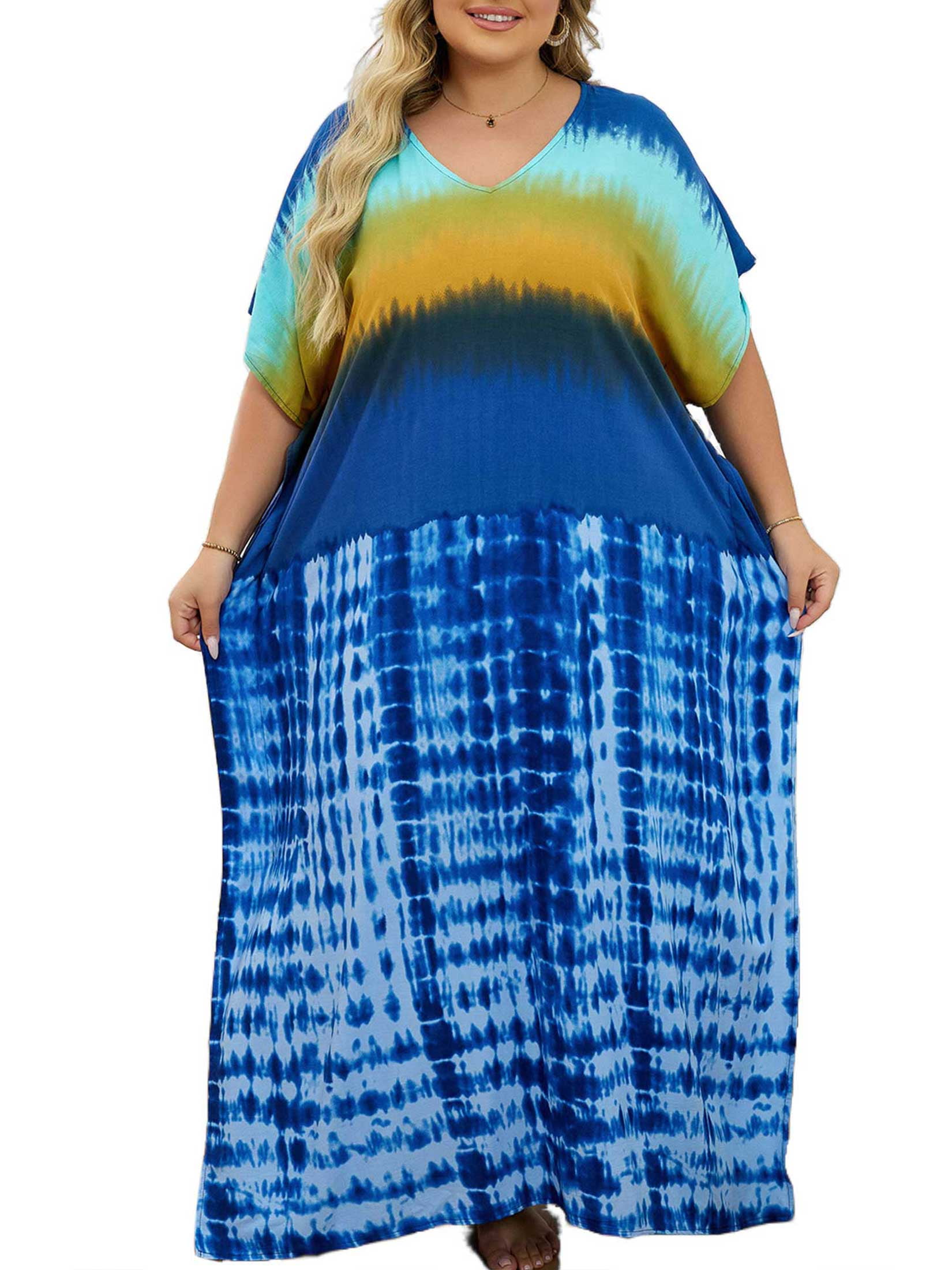 Plus Size Kaftan Dresses for Women Maxi Beach Dress Loungewear Batwing Sleeve Caftans Long ...