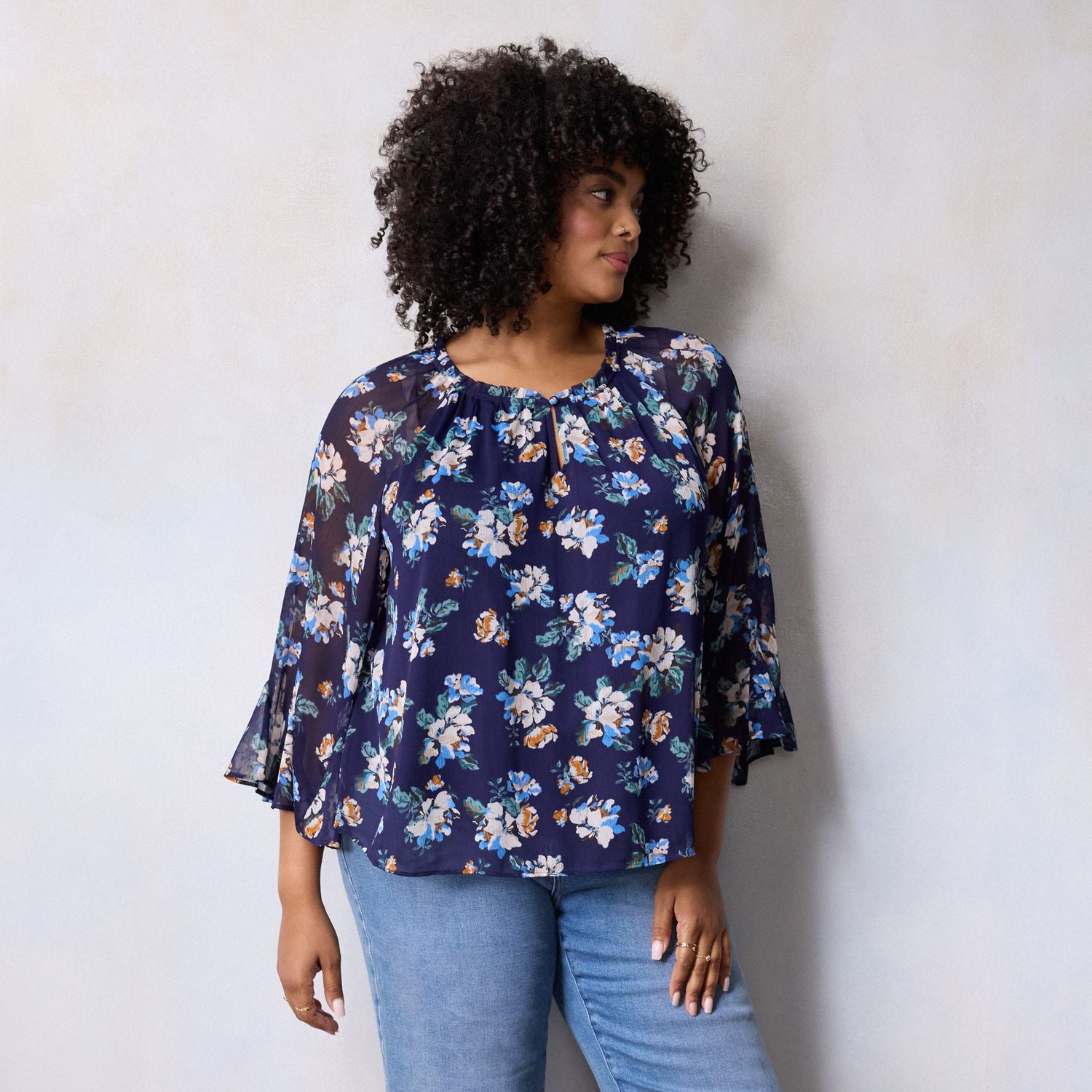 Plus Size LC Lauren Conrad Flutter Godet Sleeve Top Color: Navy ...