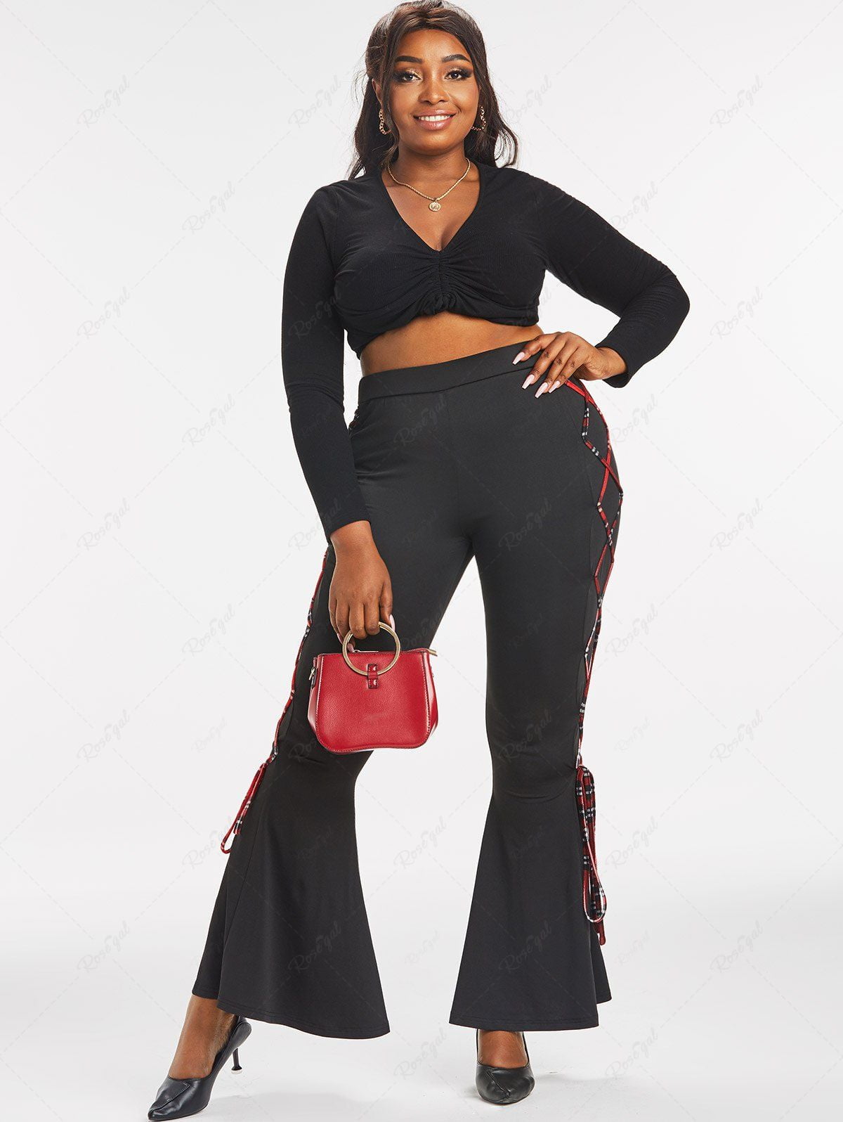 Plus Size Lace Up High Rise Bell Bottom Pants - Walmart.com