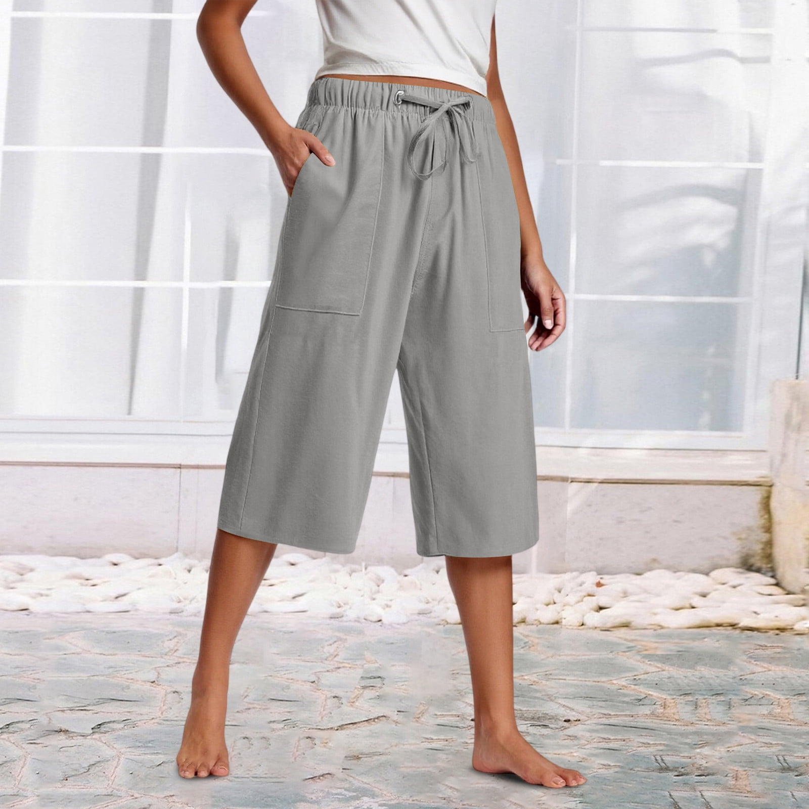 Plus Size Linen Capri Pants for Women with Pockets,Summer Breathable ...