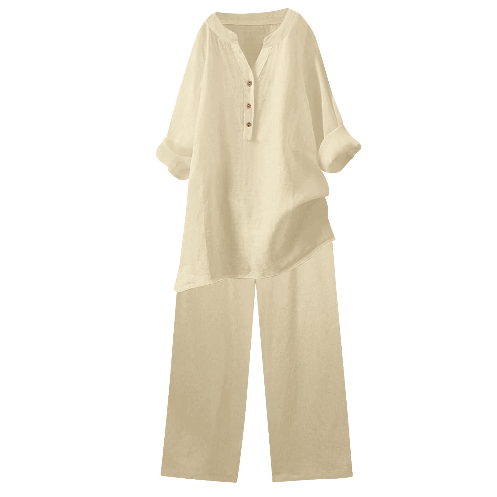 Plus Size Linen Sets for Women, Long Sleeve Button V-Neck Blouse with ...