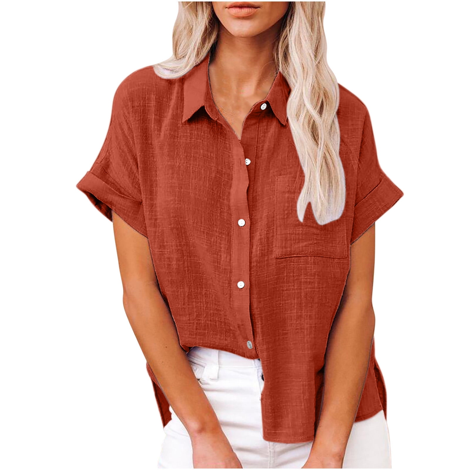Plus Size Linen Shirt for Women Summer Clothes Short Sleeve Button down ...