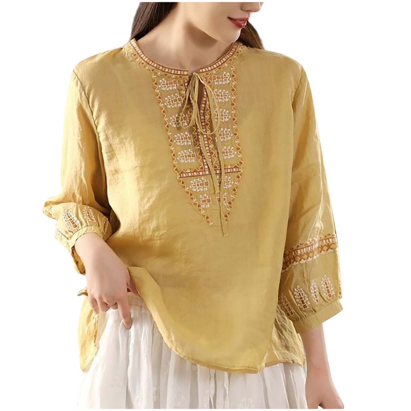 Plus Size Linen Shirts for Women 2025 Trendy Summer Retro Embroidered ...