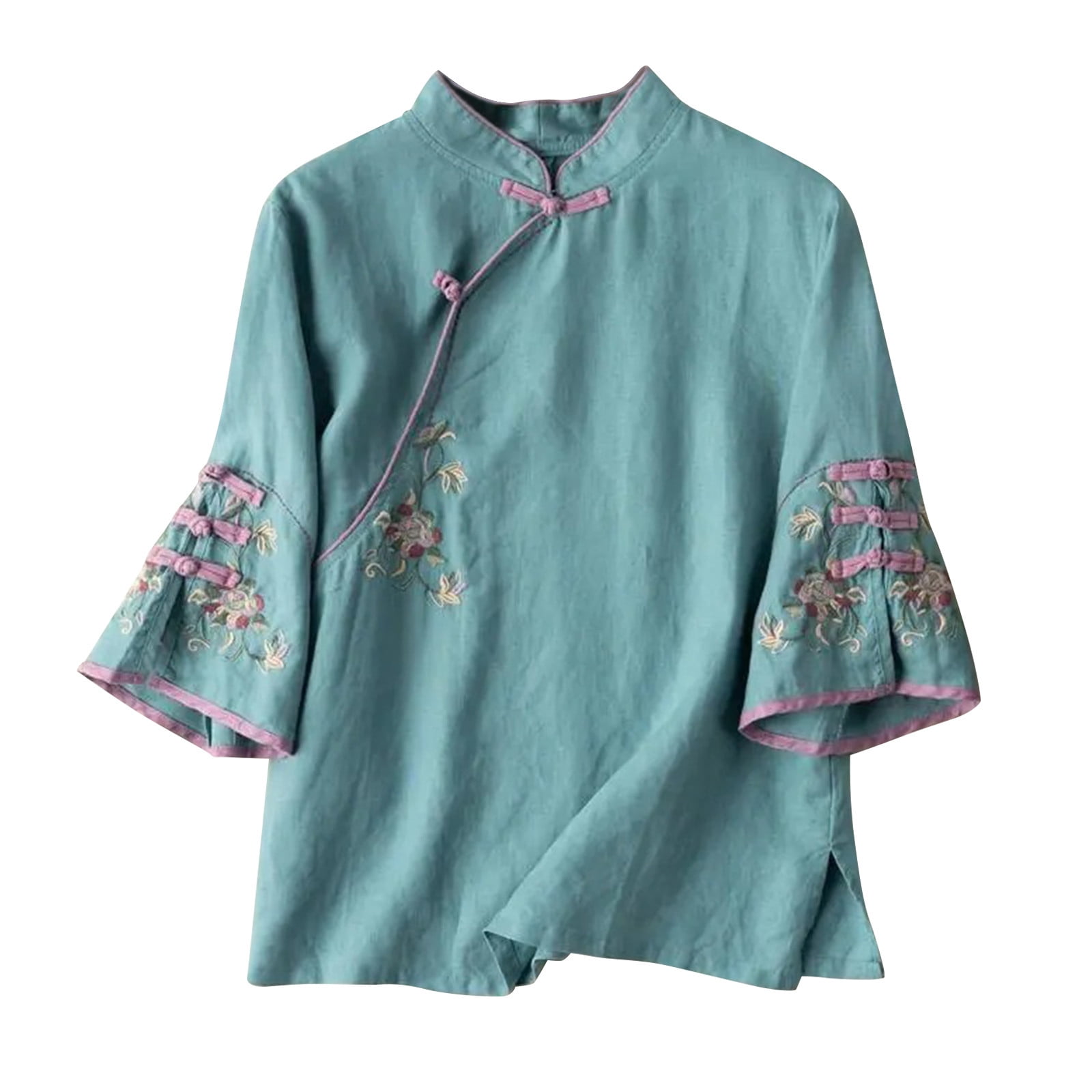 Plus Size Linen Tops Chinese Frog Button Top 3/4 Sleeve Traditional ...