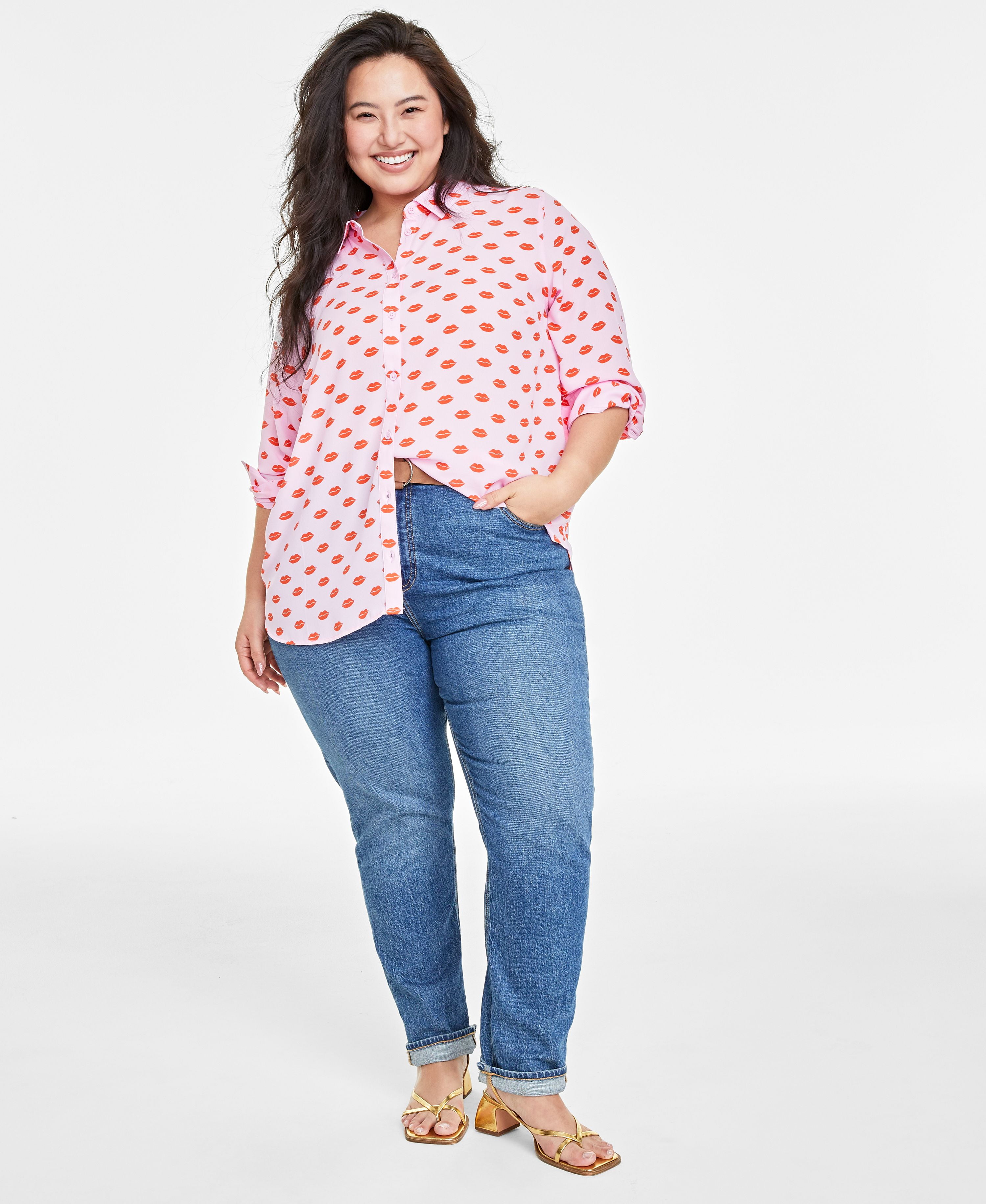 Plus Size Lip-Print Shirt Bon Bon Combo 0X - Walmart.com
