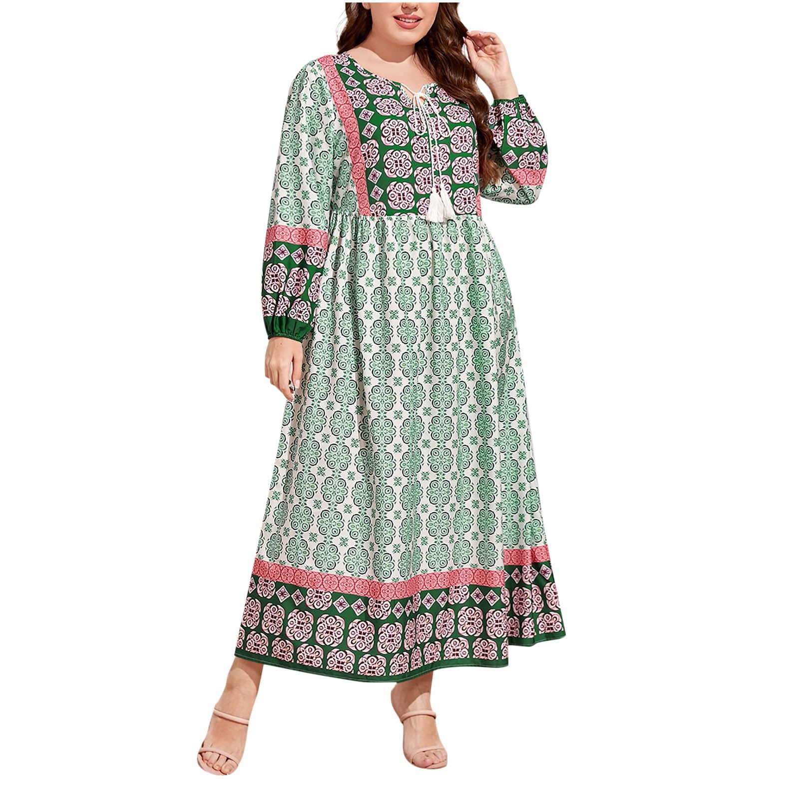 Plus Size Long Sleeve Boho Dress for Curvy Women Baggy Tassel Tie Neck ...