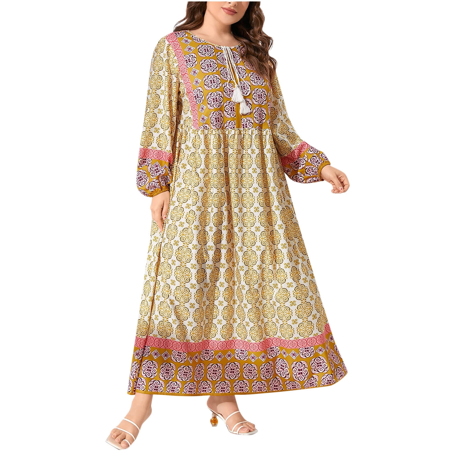 Plus Size Long Sleeve Boho Dress for Curvy Women Baggy Tassel Tie Neck ...