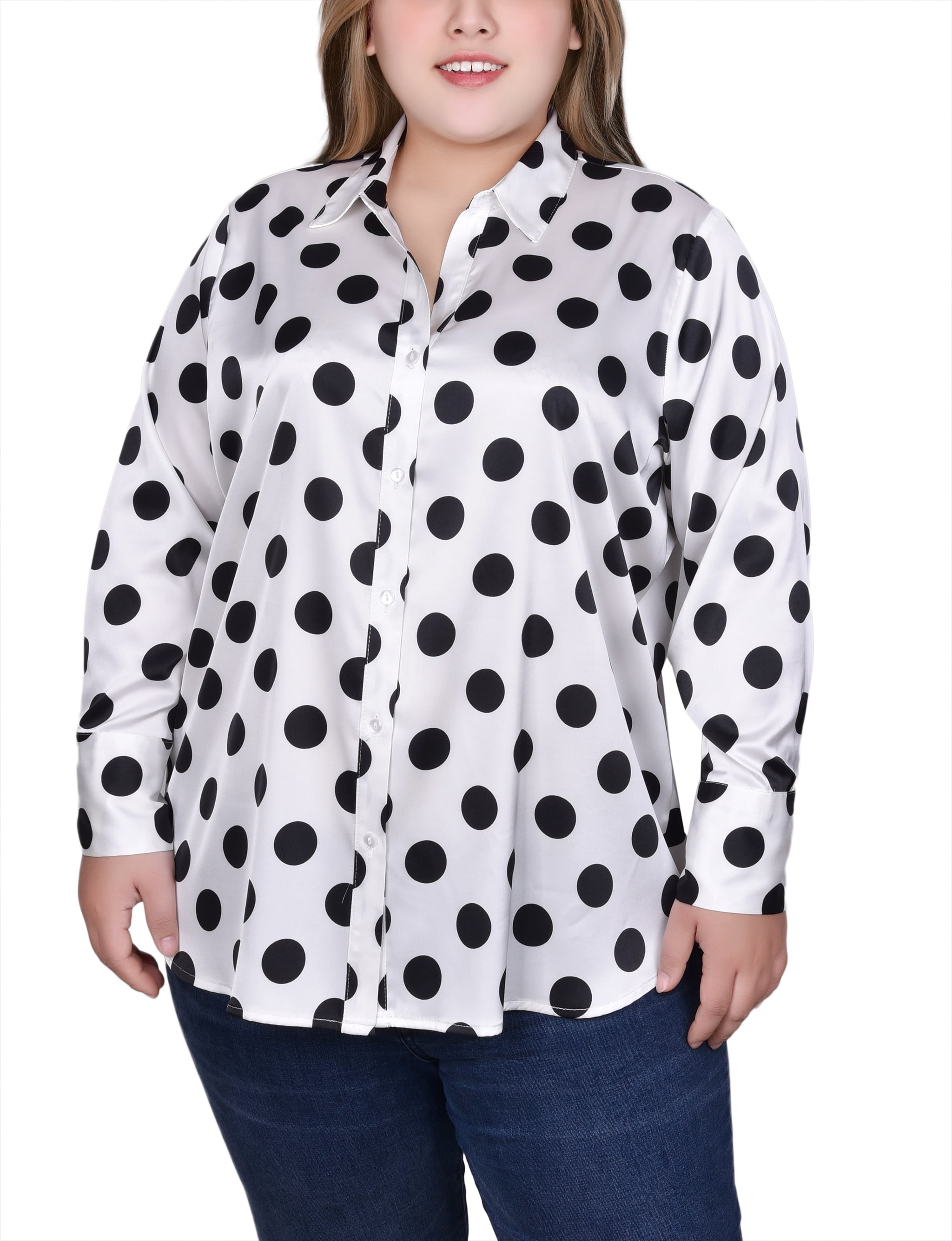 Plus Size Long Sleeve Dotted Satin Blouse - Walmart.com