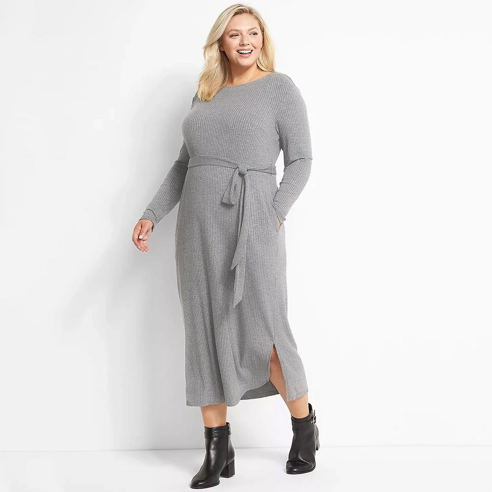 Plus Size Long Sleeve Elegant Autumn Ribbed Knit Midi Dress Women Tie ...