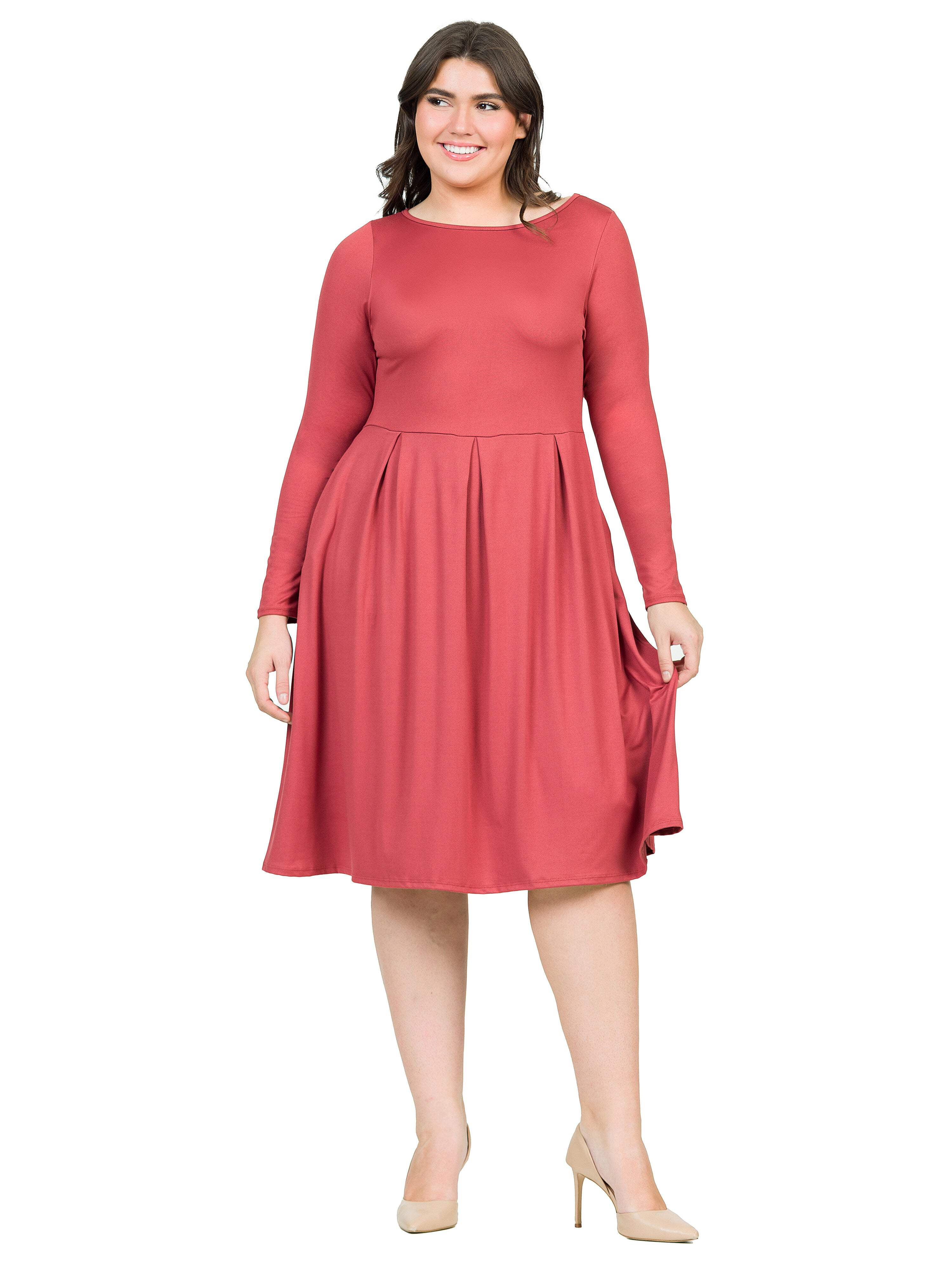 Plus Size Long Sleeve Pleated Fit N Flare Midi Dress - Walmart.com
