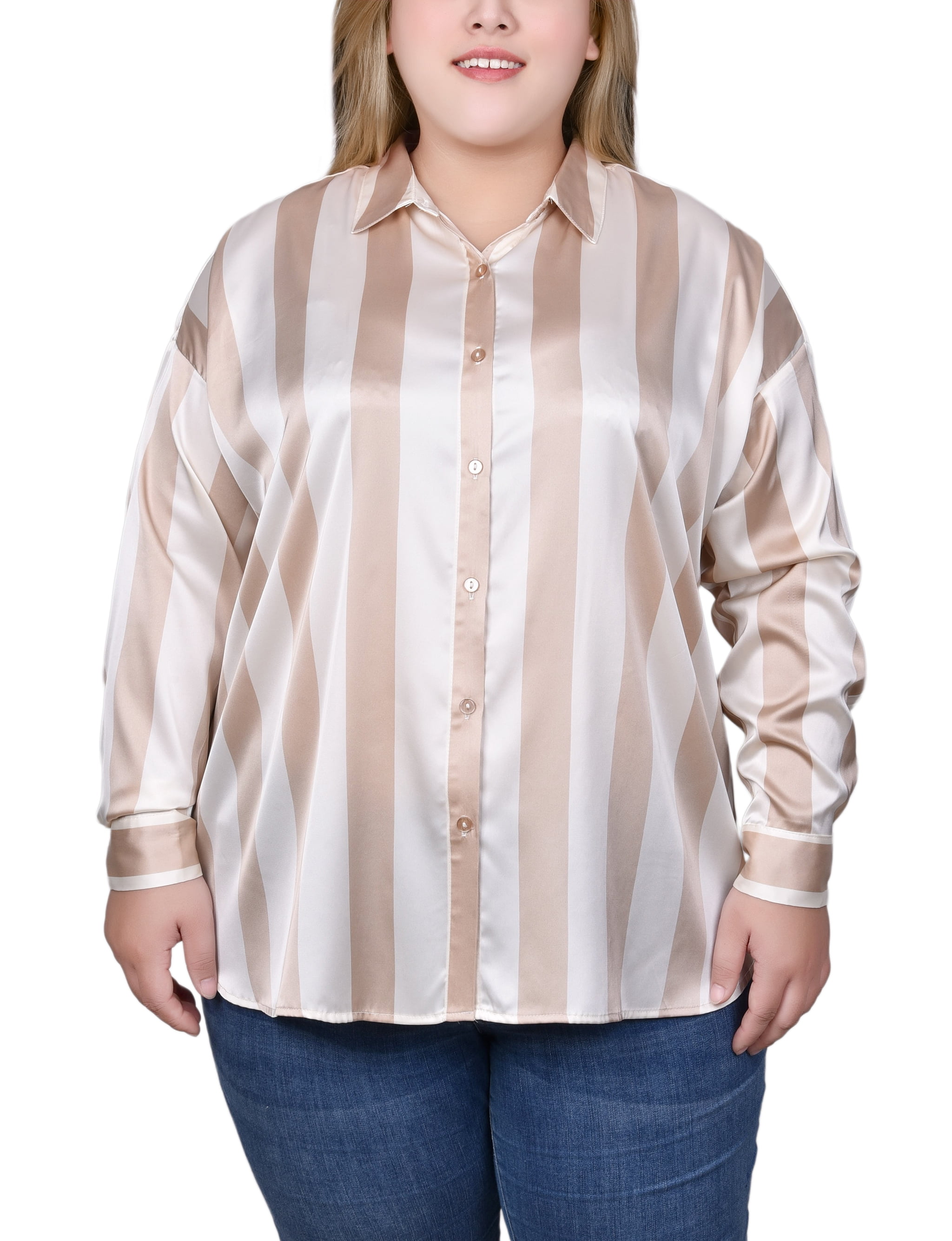 Plus Size Long Sleeve Striped Satin Blouse - Walmart.com