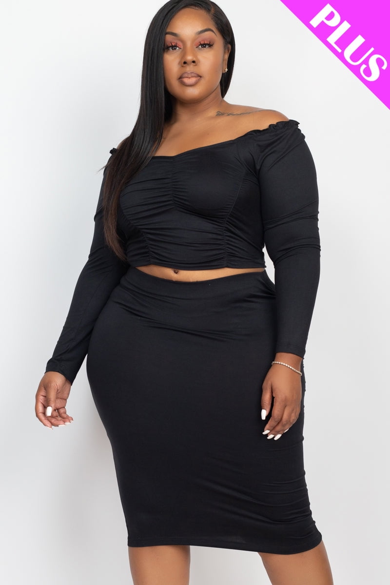 Plus Size Long Sleeve Top and Pencil Skirt Set with Ruched Detail ...