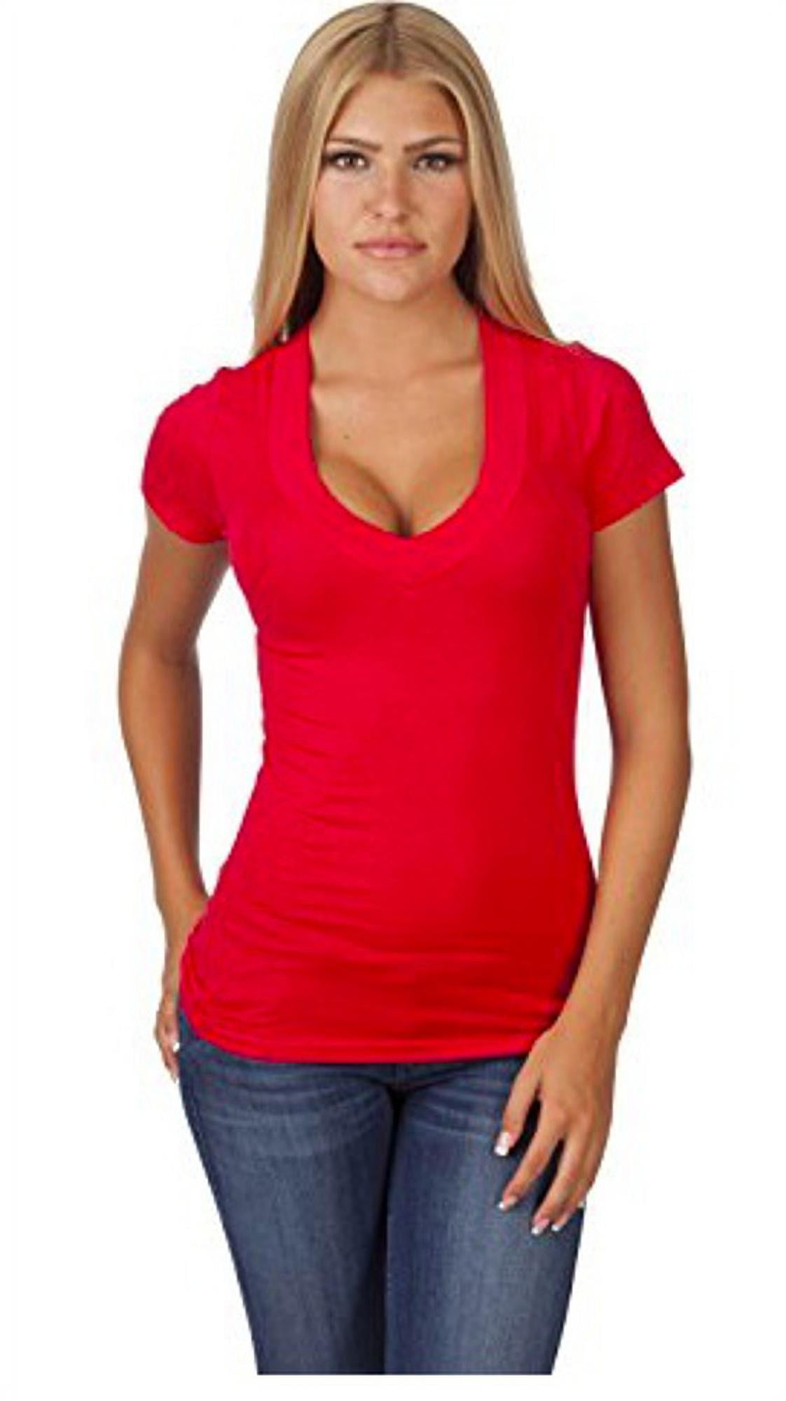 Plus Size Low-Cut Cleavage Wide Band V-Neck T-Shirt Short Sleeve Tee ...