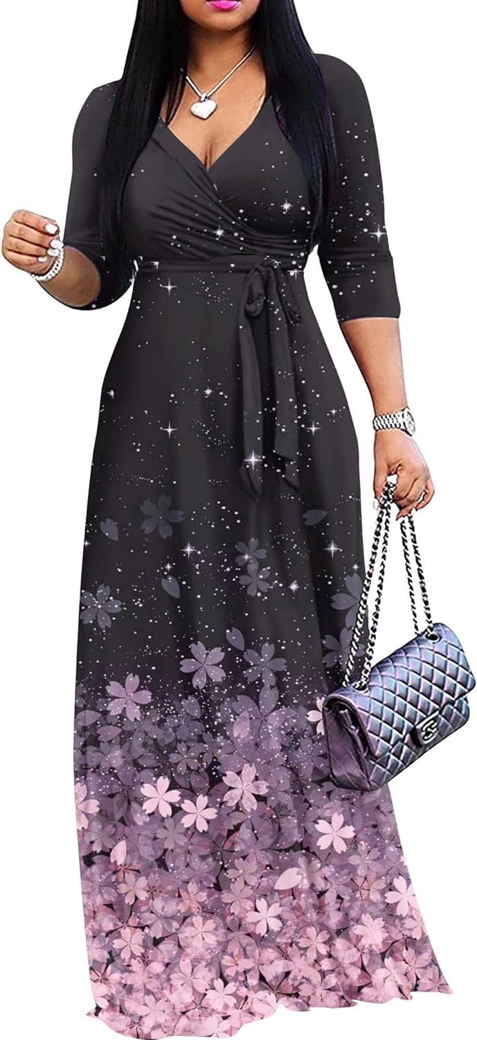 Plus Size Maxi Dress for Women Casual Summer Sundress V-Neck 3/4 Sleeve ...