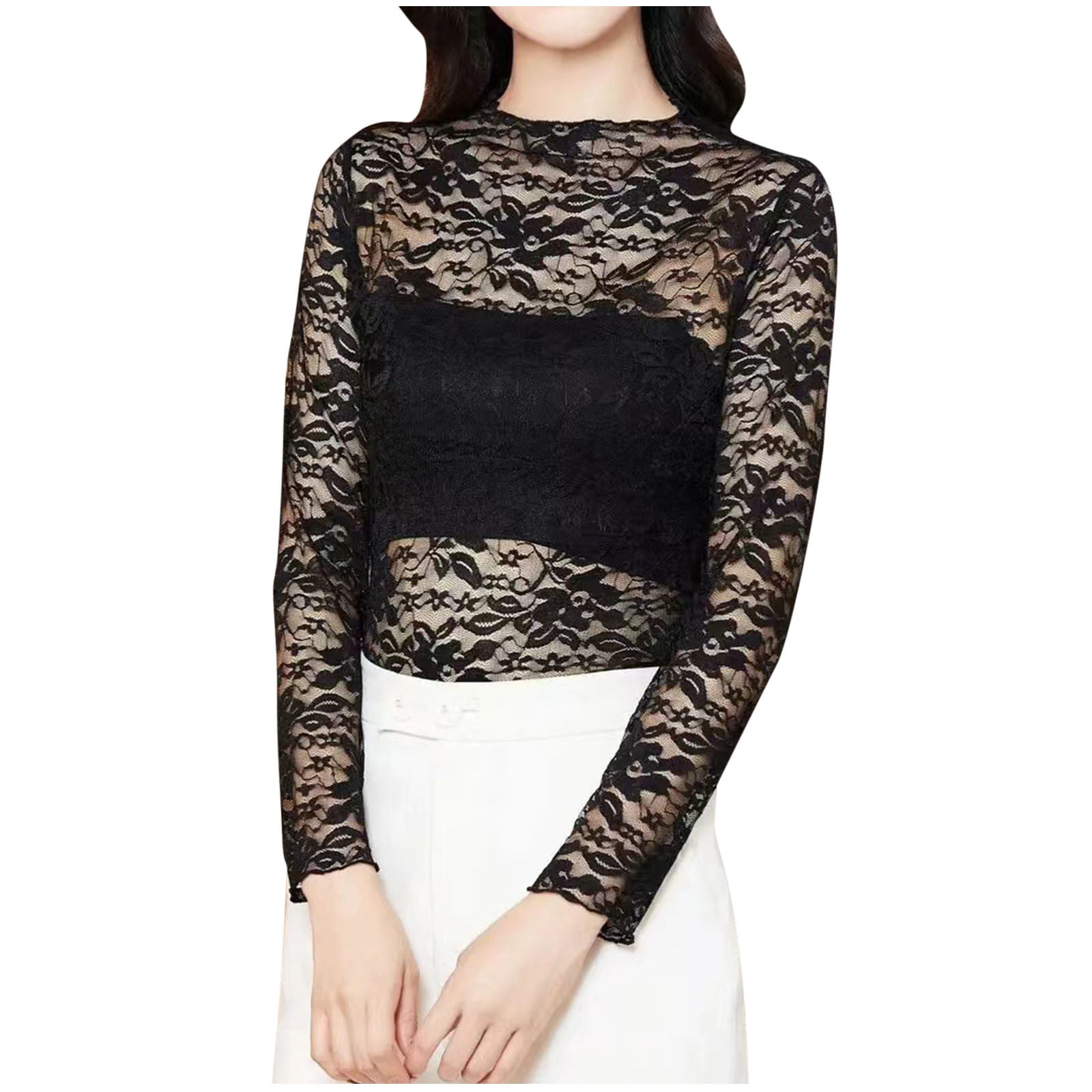 Plus Size Mesh Tops Women Long Sleeve Lace Shirts See Through Party ...