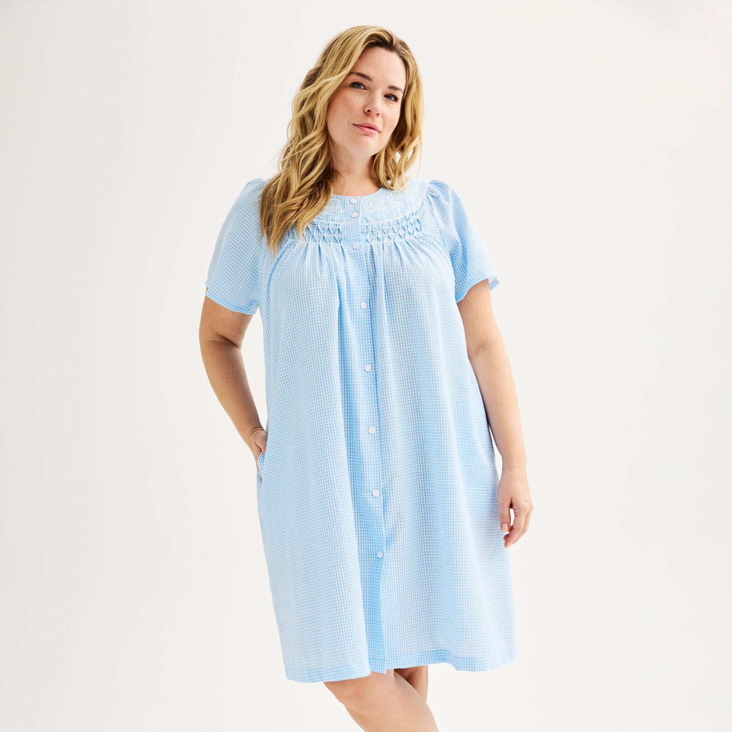 Plus Size Miss Elaine Essentials Seersucker Short Snap Robe Color: Blue ...