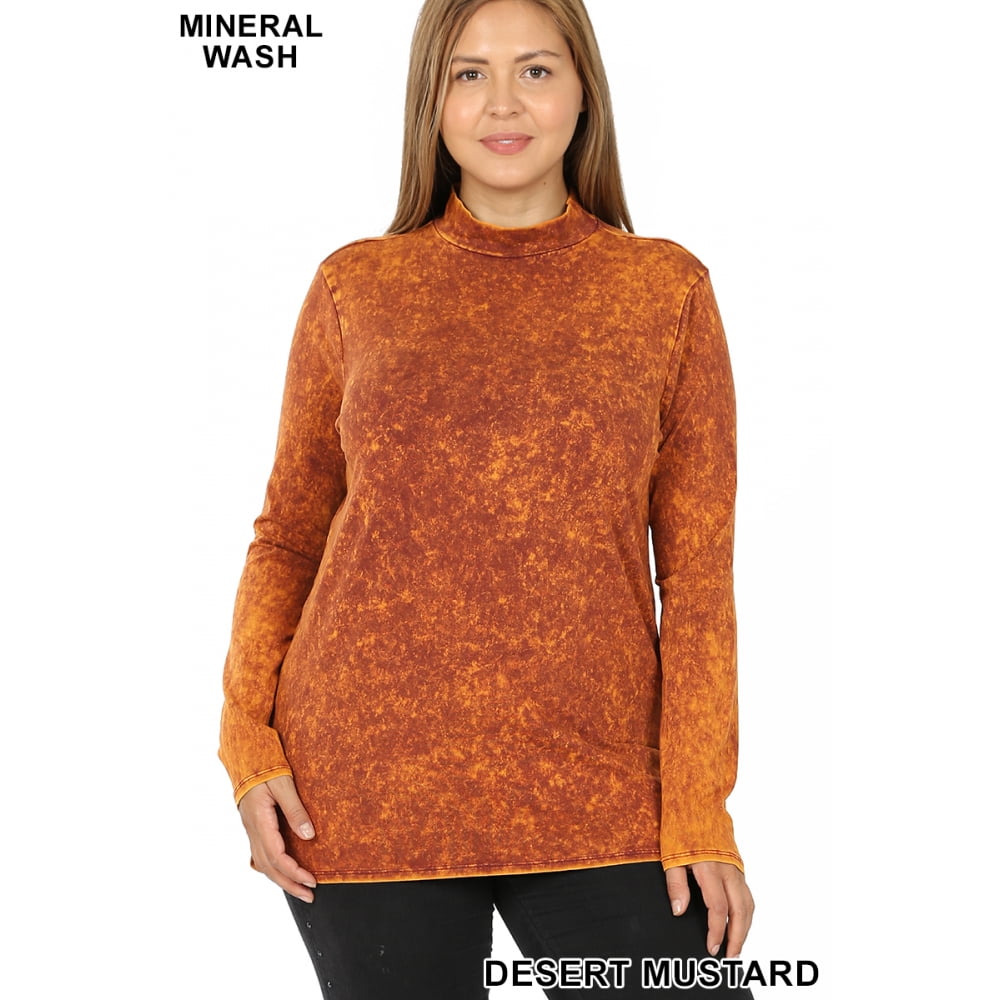 Plus Size Mock Neck Top Long Sleeve Mineral Wash Desert Mustard 1X, 2X ...