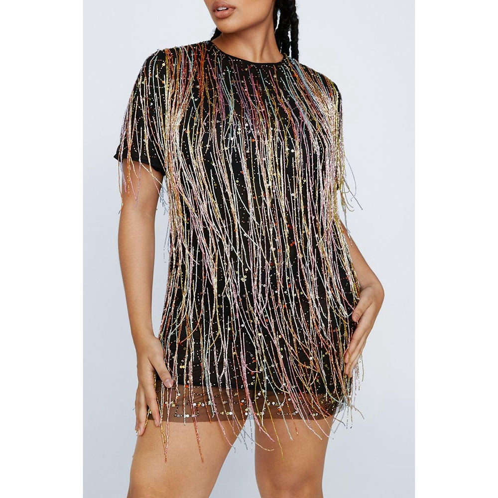 Plus Size Multicolor Party Fringe Mesh Short Sleeves Mini Dresses ...