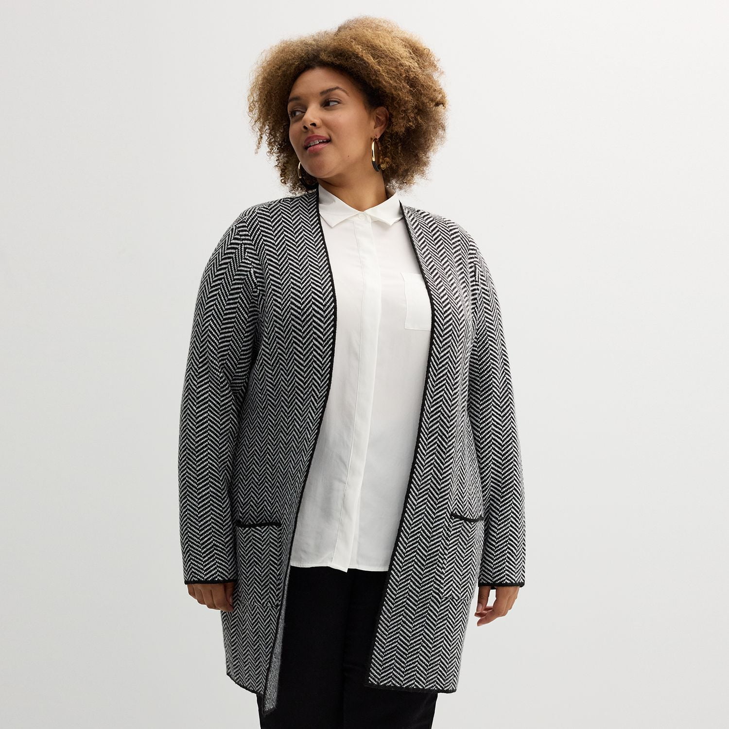 Plus Size Nine West Clean Collar Coatigan Color: Black Tweed Size: 4X ...