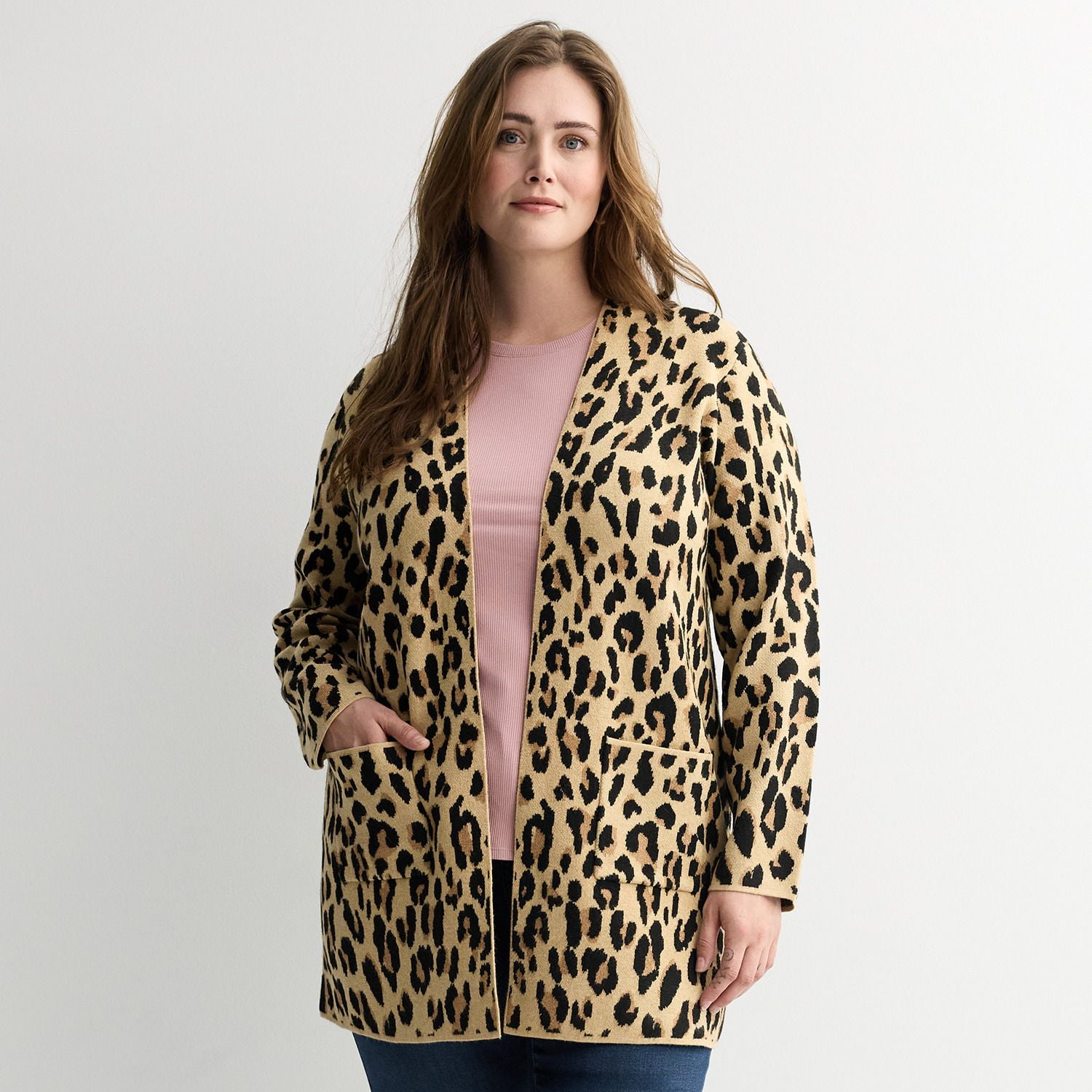 Plus Size Nine West Clean Collar Coatigan Color: Tan Jana Leopard Size ...