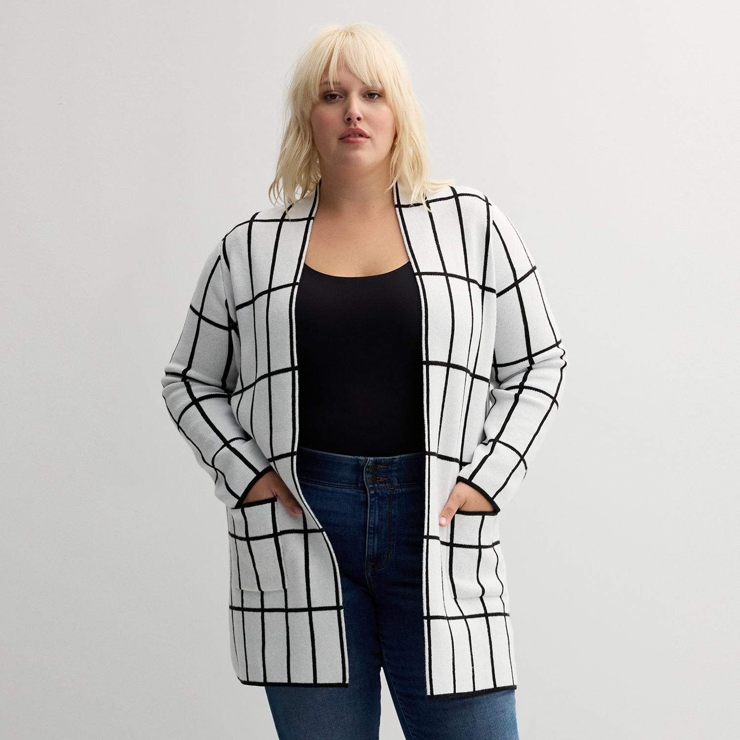 Plus Size Nine West Clean Collar Coatigan Color: White Windowpane Size ...