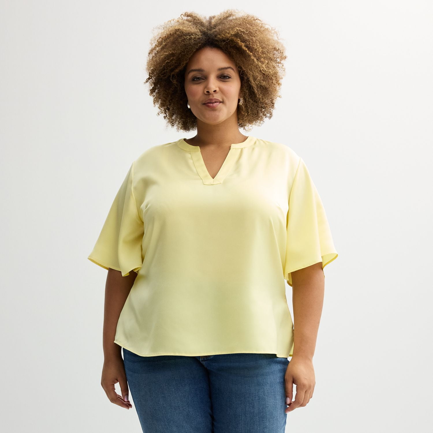 Plus Size Nine West Elbow Sleeve Popover Color: Lemon Mist Size: 2X ...