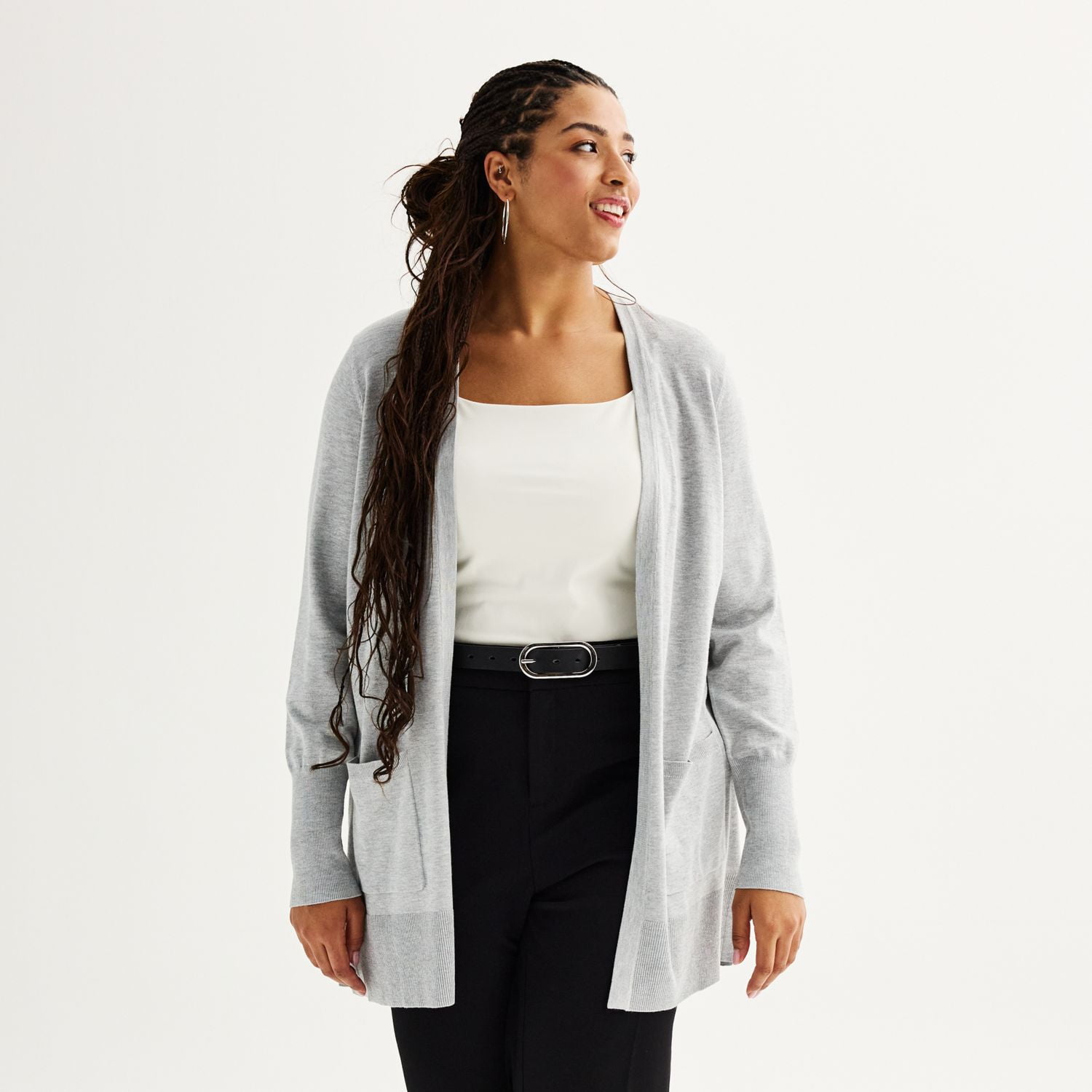 Plus Size Nine West Essential Pocketed Cardigan Color: Gray Fox Heather ...