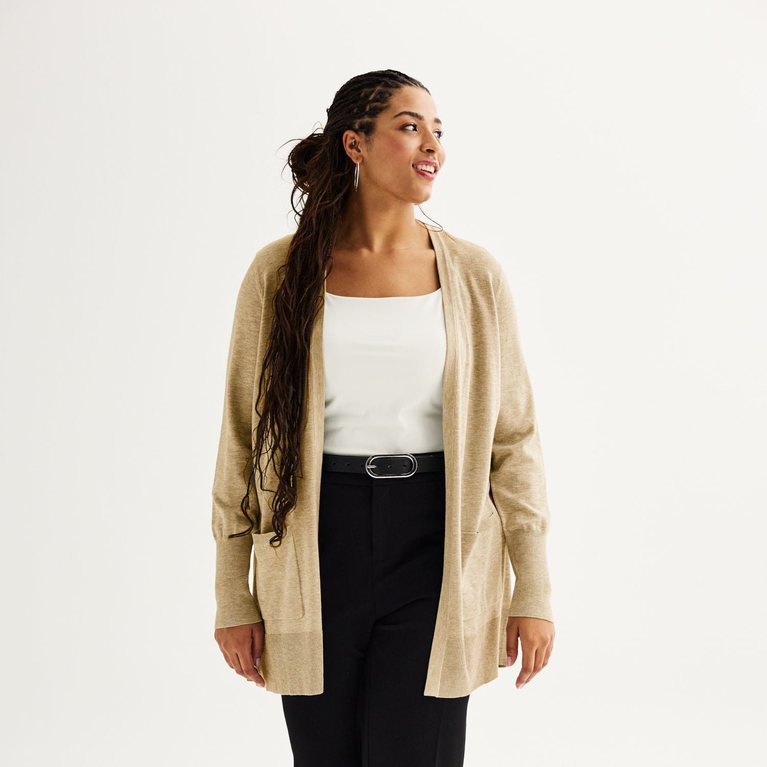 Plus Size Nine West Essential Pocketed Cardigan Color: Oatmeal Heather ...