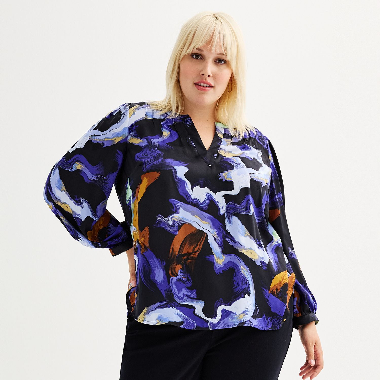 Plus Size Nine West Y-Neck Pintuck Satin Blouse Color: Blue Multi ...