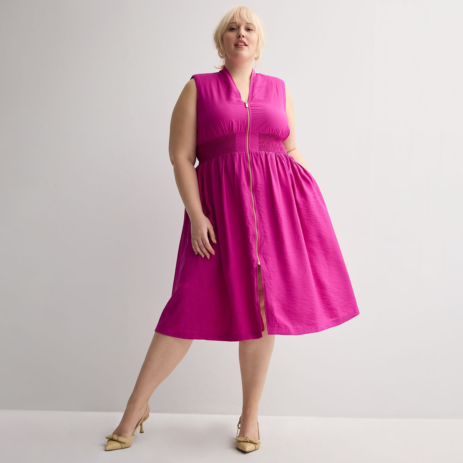 Plus Size Nine West Zip Front Midi Dress Color: Orchid Landscape Size ...