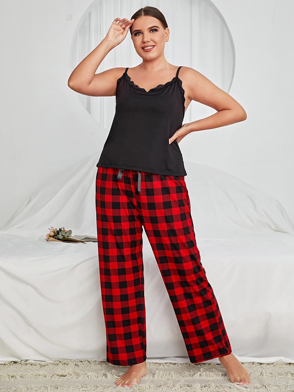Plus Size Sling Pajama Set Women's Lace Sleeveless Top and Plaid Pants ...
