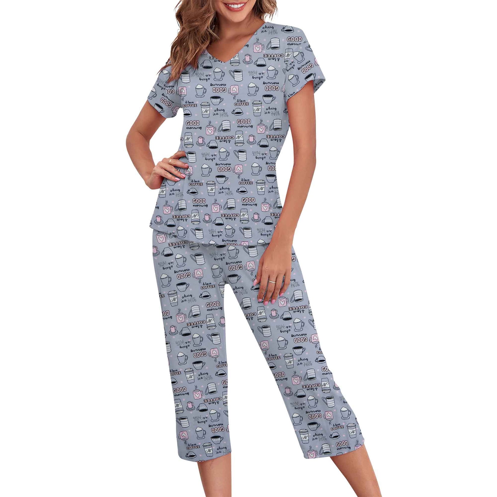 Ponceau Plus Size Pajamas for Women, Two Piece Sets, Gray, Soft Cotton ...