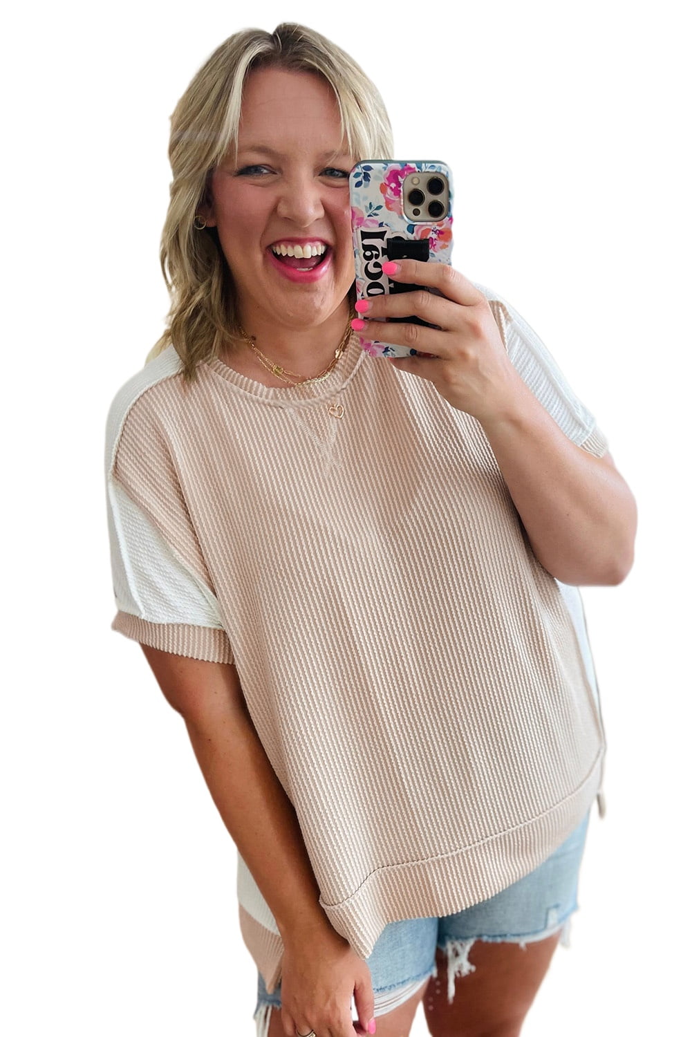 Plus Size Parchment Twist Rib Colorblock Hi Low Short Sleeve Top for ...